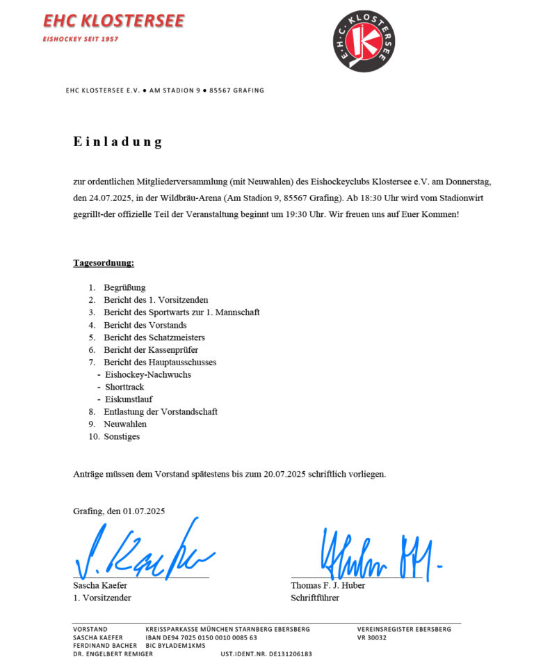 Einladung zur ordentlichen Mitgliederversammlung – EHC Klostersee e.V.
